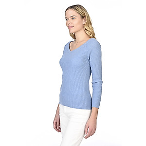 State Cashmere Women’s Easy V-Neck Ribbed Sweater 100% Pure Cashmere 3/4 Sleeve Pullover (Bella Blue, Large)