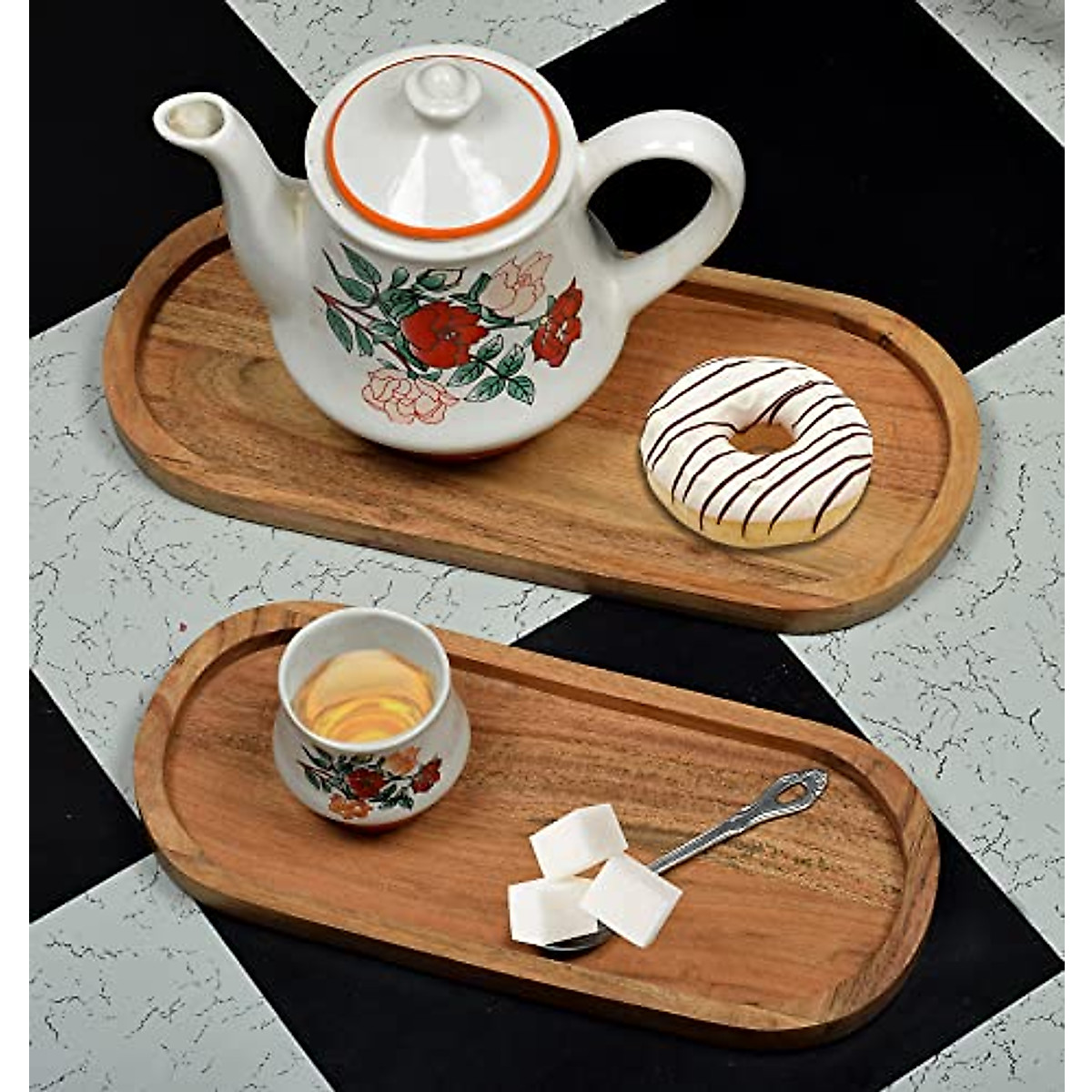 Samhita Acacia Oval Wood Tray Platters for Serving Food, Dishes Dinner Plates for Party Entertaining Appetizer