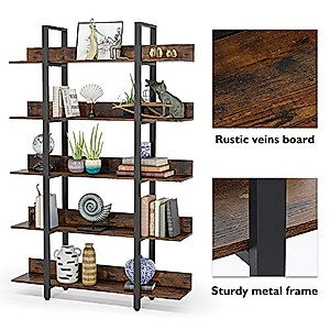Tribesigns 5 Tiers Bookcase, 5-Shelf Industrial Style Etagere Bookcases and Book Shelves, Metal and Wood Free Vintage Bookshelf with Back Fence, Rustic Brown