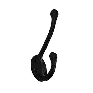 Renovators Supply Manufacturing Black Wrought Iron Robe and Coat Double Hooks 5 in. Long Rustic Entry Way Hat or Jacket Hanger Wall Mount Rust Resistant Bathroom Towel Hooks with Hardware Pack of 6