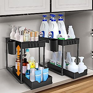 DOFIMATE 2 Pack Under Sink Organizers and Storage Bathroom,2 Tier Adjustable Height Cabinet Basket Organizer, The Bottom Slide Out Basket Under Kitchen Used for Bathroom, Storage Room