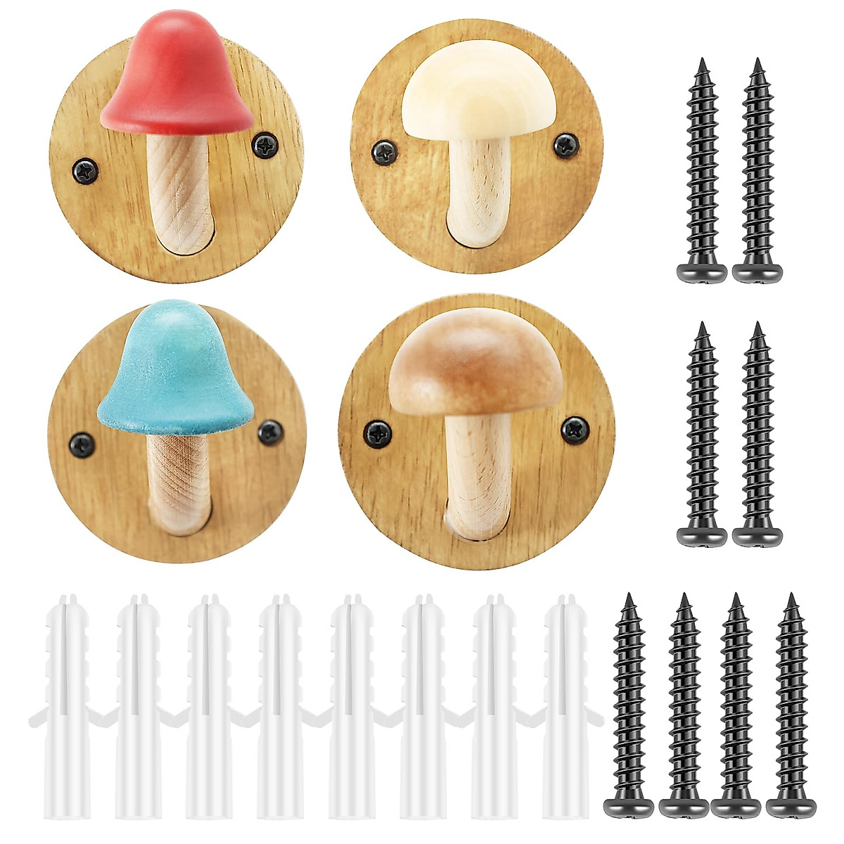 UKQRRTC 4Pcs Mushroom Wall Hooks Wood Wall Hanging Hooks Wall Mounted Towel Hooks Decorative Coat Hooks for Home Bathroom Cloakroom