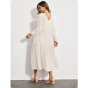 Halife Ladies Fall Dress Long Sleeve Ruffle A-line Flowy Maxi Dresses with Pockets Beige S