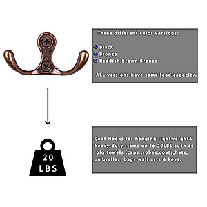 Double Utility Coat Hooks Hardware, Dual Zinc Alloy Hooks Wall Mounted Screws for Hanging Lightweight & Heavy Items Indoor&Outdoor Used, 6Sets (Bronze)