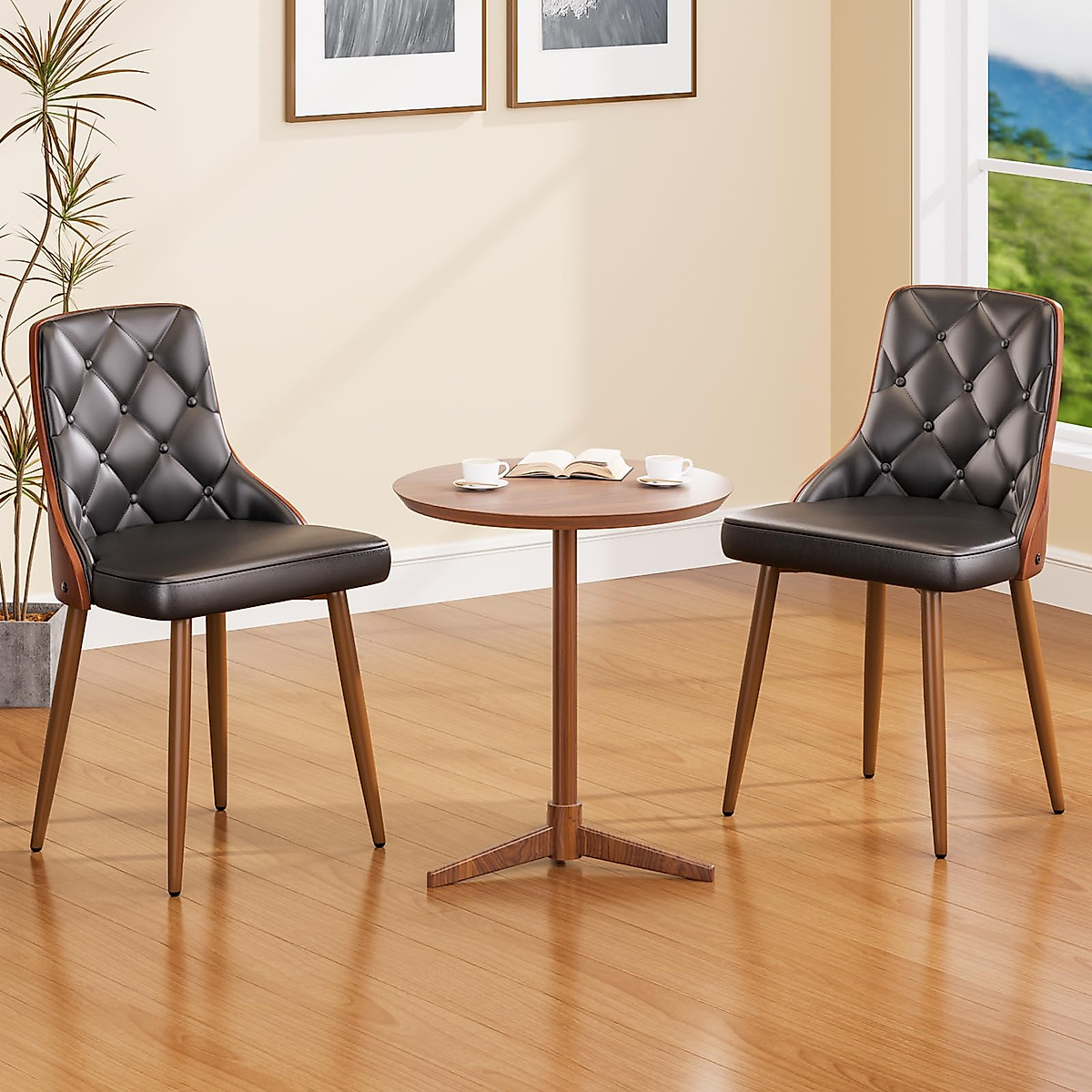 Aowos Dining Chairs Set of 2, Mid Century Modern PU Leather Upholstered Kitchen Chairs with Walnut Back and Iron Legs, Comfortable Seating for Kitchen, Dining Room, Bar Counter, Living Room (Black)