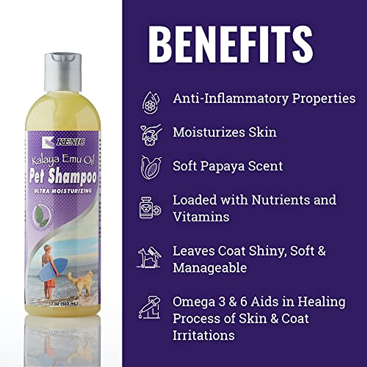 Kenic Kalaya Ultra Moisturizing & Restorative Emu Oil Pet Shampoo- Soap & Paraben Free- Made in USA- for Dogs and Cats