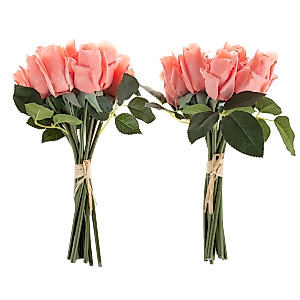 Pure Garden Rose Artificial Flowers - 24Pc Real Touch 11.5-Inch Fake Flower Set with Stems for Home Decor, Wedding, or Bridal/Baby Showers (Coral)