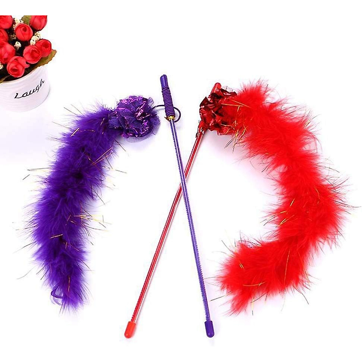 Purple Cat Teasing Stick Toy Interactive Stick, Sparkly Feather Boa with Crinkle Ball Tease Cat Rod Funny Cute Pet Supplies for Cat Training Indoor Cats Cat Toys Interactive for Indoor Cats