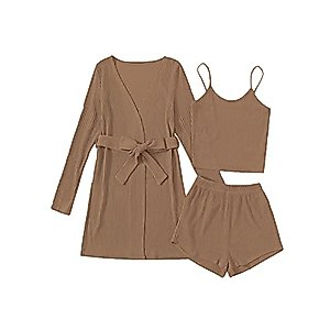 Verdusa Women's 3 Piece Cami Top & Shorts Lounge Sleepwear Pajama Set with Robe Mocha Brown S