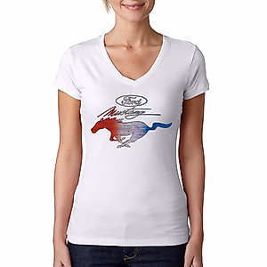 Ford Mustang Shirt USA Flag Mustang Emblem Cars and Trucks Womens Junior Fit V-Neck Tee, White, XX-Large