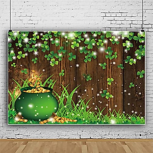 Laeacco 10x6.5FT St. Patrick's Day Backdrop Green Clover Lucky Shamrock Pot of Gold Coin Glitter Brown Wooden Board Photography Background Irish Festival Party Decor Kid Adult Portrait Photo Prop