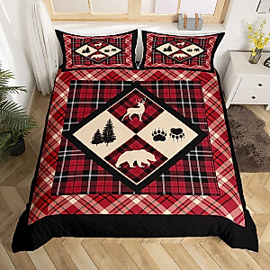 Erosebridal Lodge Duvet Cover Queen Diamond Bear Deer Lodge Bedding Set for Adult Rustic Cabin Country Plaid Check Comforter Cover Camping Bed Cover with 2 Pillow Shams Zipper&Ties,Burgundy/Black