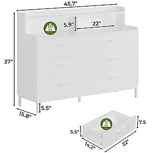 Hasuit White Dresser for Bedroom with 6 Drawers and Storage Shelves, Wide Chest of Drawers with Sturdy Steel Legs, Large Wooden Storage Tower Dresser Organizer, Dresser for Bedroom, Clost, Entryway