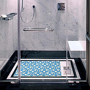 Bath Tub Shower Mat - Anti-Slip PVC Material 15.1x26.8 in, Gentle Cushioning Quick Drying Suction Cups Reliable Solution - Blue Traditional Texture Pattern Non-Slip Floor Mat