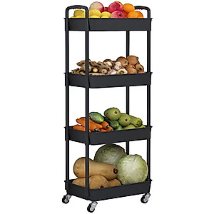JIUYOTREE 4-Tier Rolling Storage Cart Utility Cart with Lockable Wheels for Living Room Bathroom Kitchen Office Black