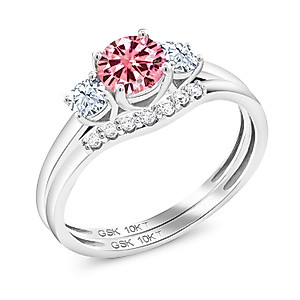 Gem Stone King 10K White Gold Pink Moissanite and White Created Sapphire and White Lab Grown Diamond 3-Stone Bridal Engagement Wedding Ring Set For Women (0.80 Cttw, Gemstone, Round 5MM, Size 6)