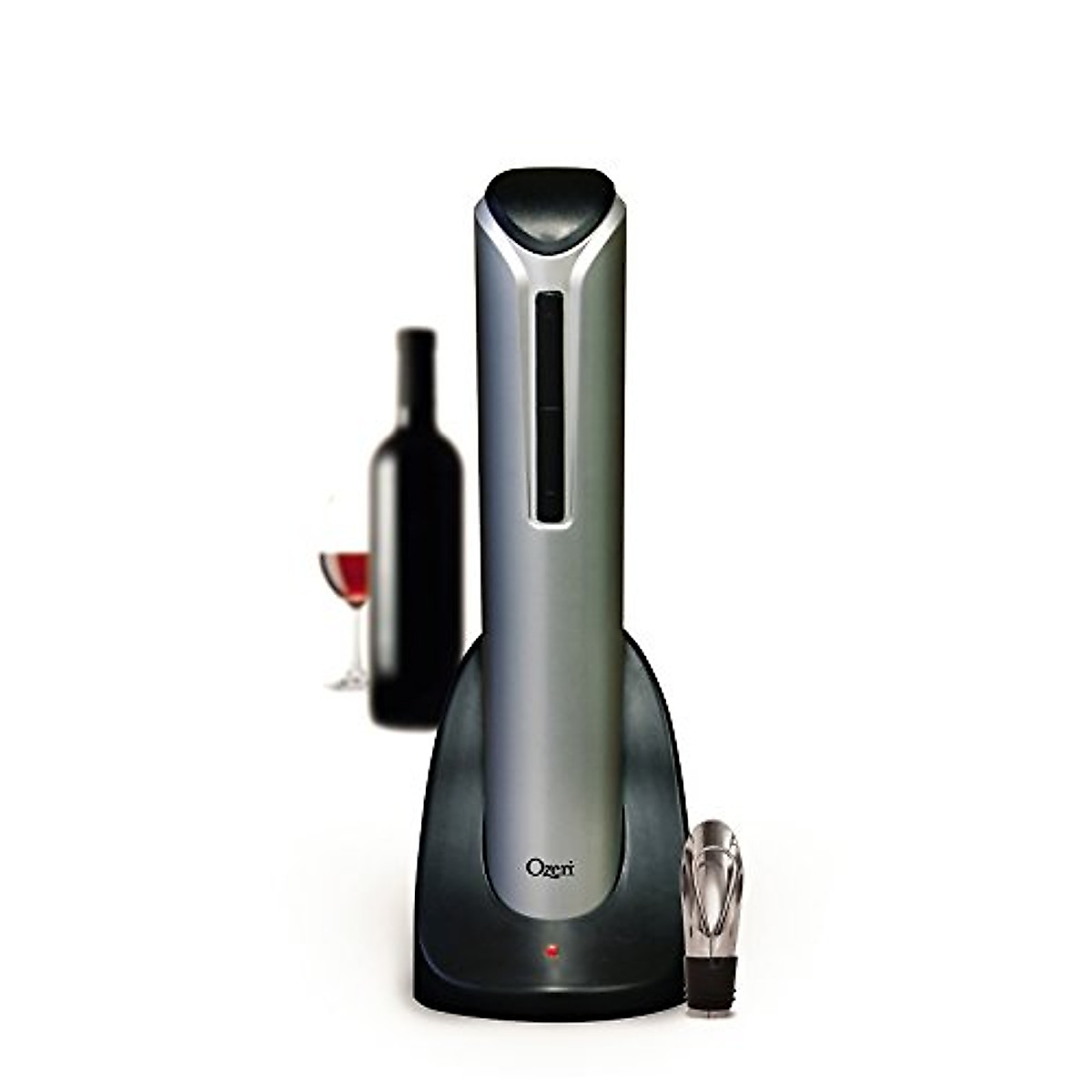 Ozeri Pro Electric Bottle Opener with Wine Pourer, Stopper, Foil Cutter, and Elegant Recharging Stand, Silver