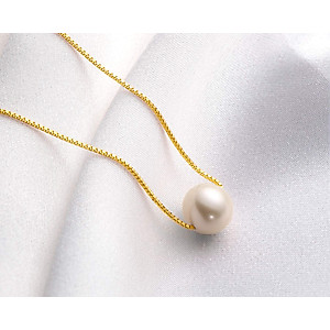 DENGGUANG Floating Pearl Pendant Necklace for Women, 8mm Freshwater Cultured White Single Pearl Necklaces with Gold Plated Silver Chain, Pearl Jewelry Gifts for Wife Mom friend