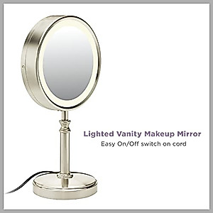 Conair Reflections Double-Sided LED Lighted Tabletop Mount Vanity Makeup Mirror, 1x/10x magnification, Satin Nickel