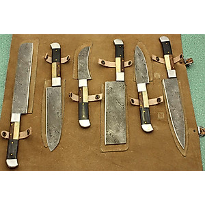 6 Pieces Damascus steel kitchen knife set, Custom made hand forged Damascus steel blade, Overall 65 inches Length of Damascus sharp knives, Cow hide suede Leather sheath00