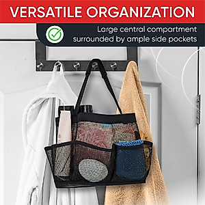 Masirs Mesh Shower Caddy Bag - (9 Pocket) Large Collapsible, Portable Bathroom Organizer for Travel, Gym, & Dorm - Easily Carry & Organize Bathroom Toiletry Essential (Black)