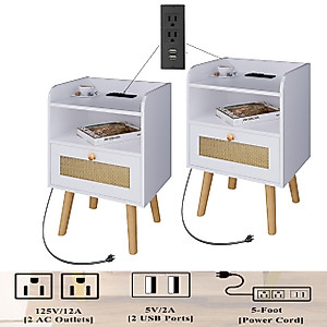 Gyger Nightstand Set of 2，Wood Nightstand with Charging Station，Bed Side Table with Rattan Decor Drawer，Small Night Table with Storage for Bedroom,White