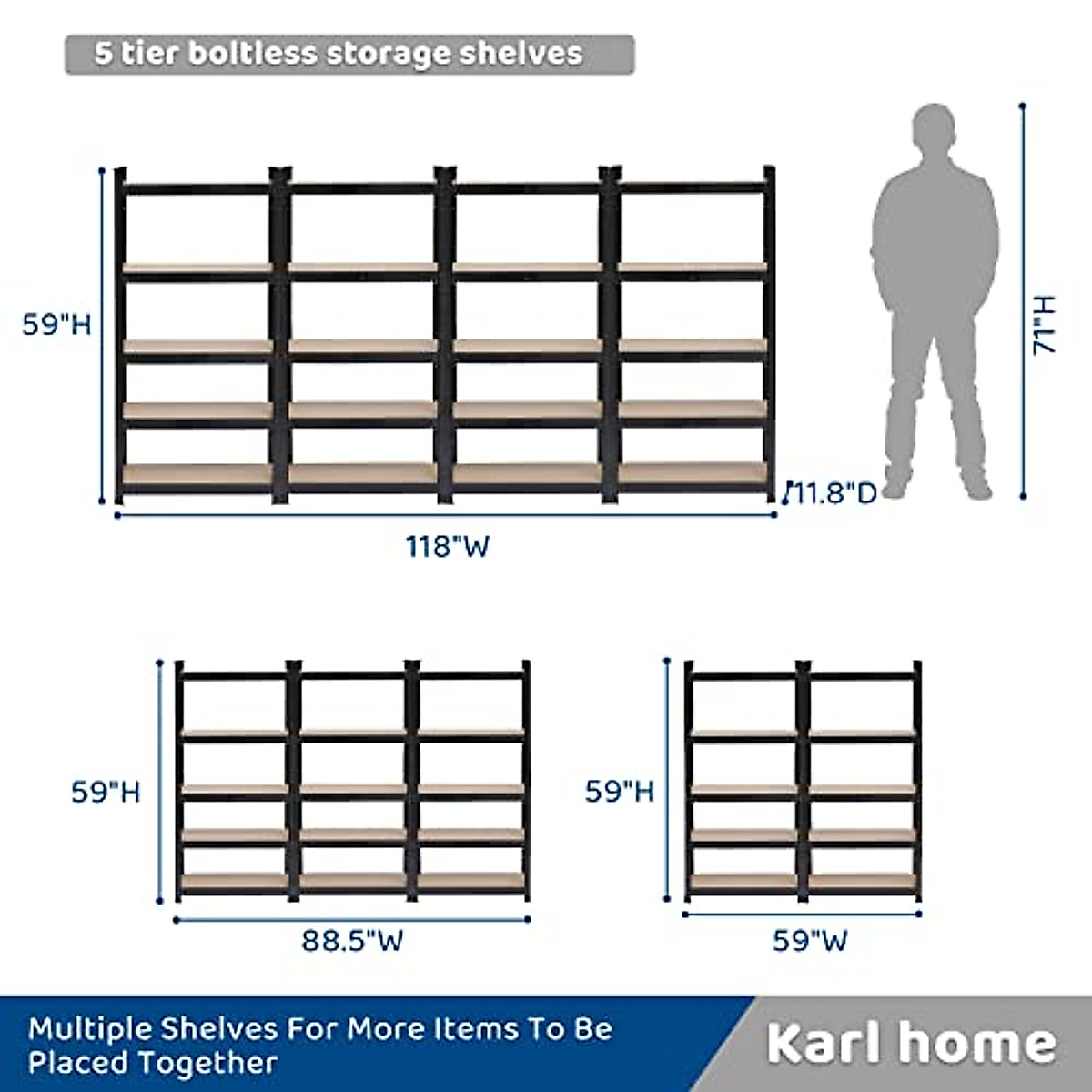 Karl home Garage Shelving Heavy Duty, 5-Tier Wide Size Adjustable Metal Shelving Unit Utility Rack Organization for Garage Pantry Basement, 1900lbs, 29.5" L X 11.8" W X 59.1" H, Black