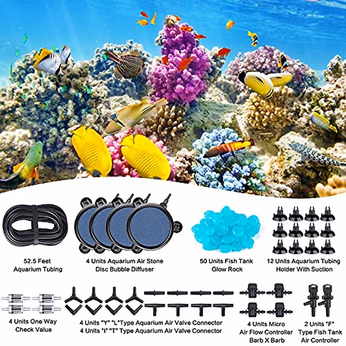 101 PCS 4 Inch Air Stone Disc Bubble Diffuser with Sucker, 52 ft Silicone Airline Tubing with Air Pump Accessories, 4 Control Valve,4 Check Valves, 12 Suction Cups for Hydroponics Aquarium Fish Tank