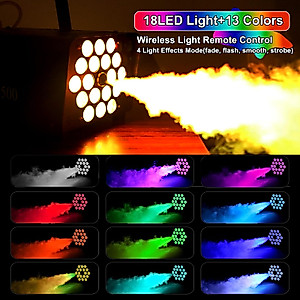 upstartech 500W Fog Machine with 13 Colorful Lights Effect and18 LED light, Portable Smoke Machine 2000CFM Fog with 2 Wireless Remote Control, Automatic Outdoor Fog Machine Parties Wedding Halloween