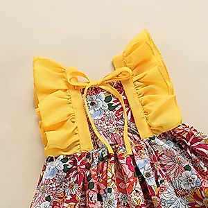 Toddler Infant Girl Flower Dress + Sun Hat 2Pcs Summer Boho Floral Ruffle Sleeve Tutu Dresses Baby Clothes Set (12-18 Months, Yellow)