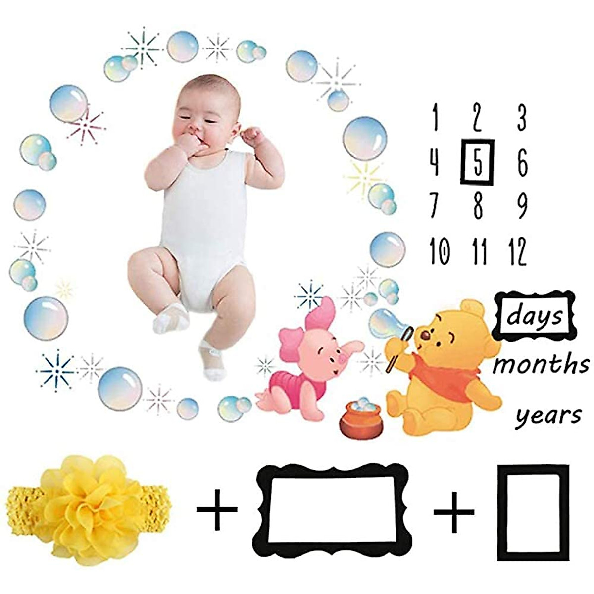 Baby Monthly Milestone Blanket Newborn Photo Props Shoots Backdrop Personalized Animal Yellow Bear Pink Elephant Blowing Bubbles Photography Growing Infants Toddlers Soft Fleece Swaddle Blanket