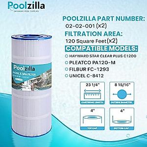 Poolzilla 2 Pack Replacement for Pool Filter PA120, CX1200RE, C1200, Unicel C-8412, Filbur FC-1293, Waterway Clearwater II, Pro Clean 125, 817-0125N, Aladdin 22002, 120 sq.ft Filter Cartridge
