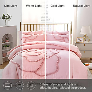 Rvciby Boho Flower Duvet Cover Queen Size Girl,Soft Microfiber Bedding Set with Tassel and Tufted Pattern,3 Pieces,1 Duvet Cover with Zipper Closure &Corner Ties and 2 Pillow Shams,90X90 Inches (Pink)