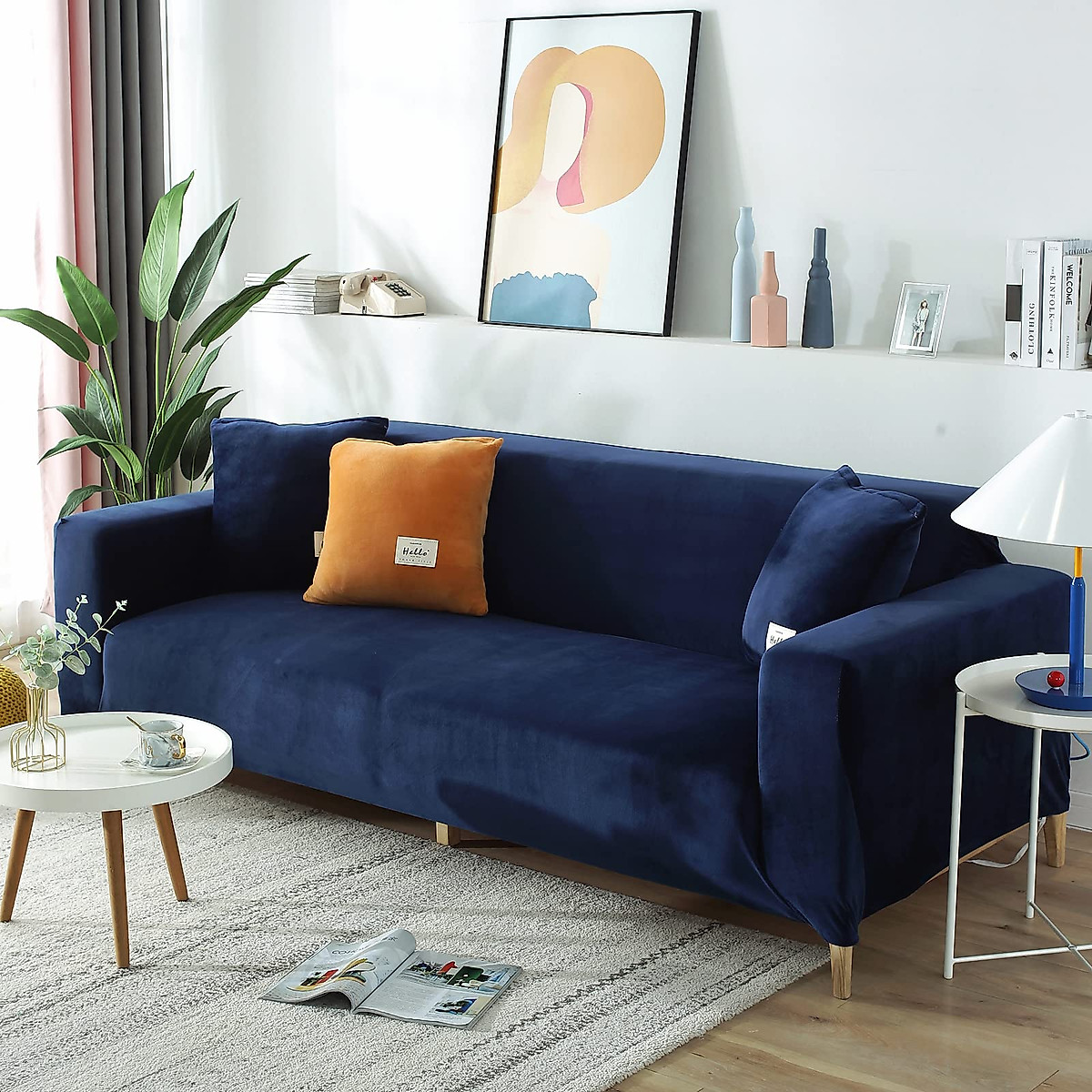 TOPCHANCES Thick Velvet Sofa Cover,Stretch Sofa Covers Slipcovers with Non Slip Elastic Straps Furniture Protector Cover, Couch Slipcover for Living Room Dogs Cat Pet (Navy Blue, 4 Seater)