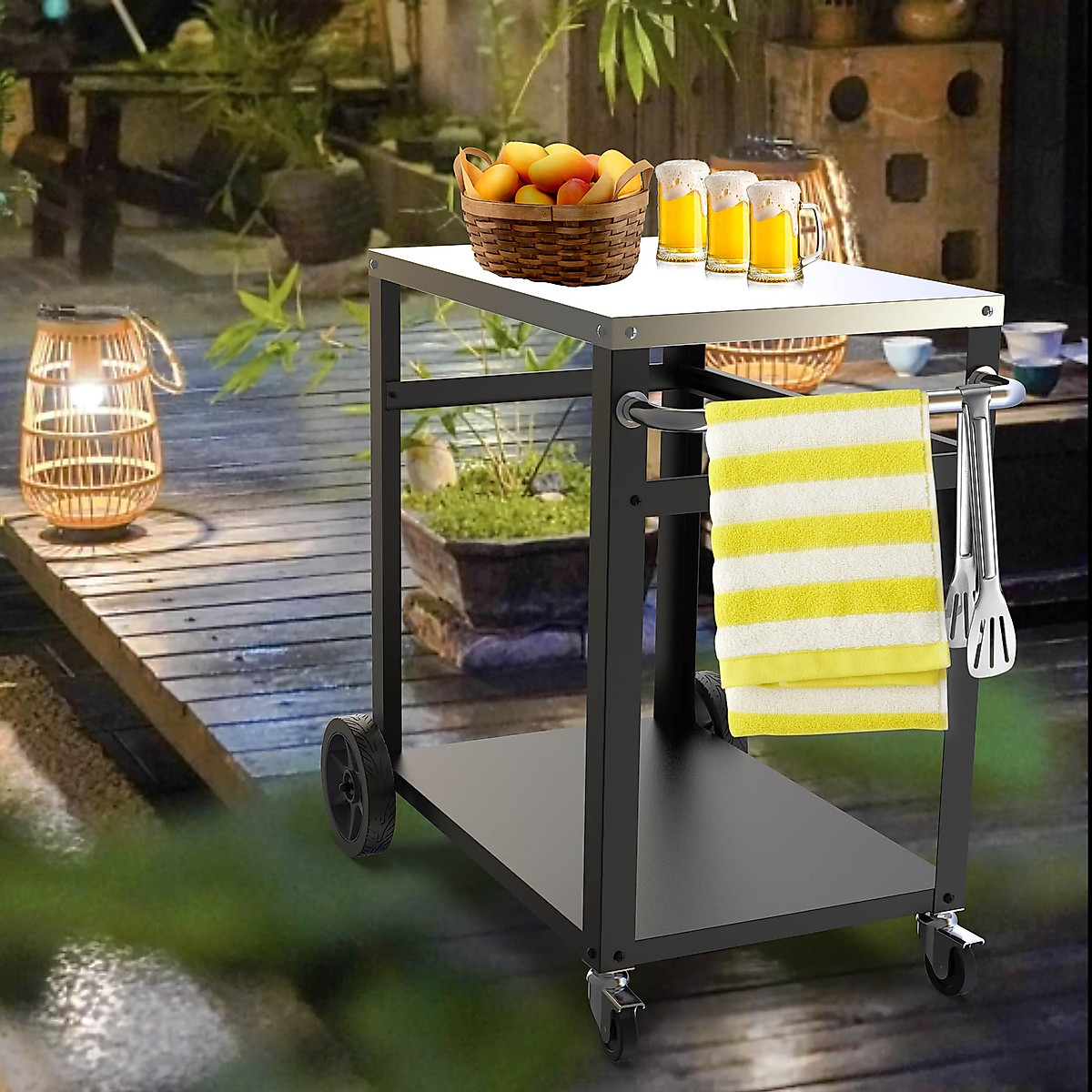 PARTAKER Movable Pizza Oven Trolley/BBQ Grill Cart with 2 Swivel Casters 2 Wheels, Double-Shelf Dining Serving Cart Table, Kitchen Pre-Station Island Countertop Work Bar, L 28-3/4" by W 19-1/2"