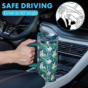 40 oz Tumbler with Handle and Straw, Cats with Leaves Insulated Travel Mug Iced Coffee Cup, Reusable Stainless Steel Insulated Water Bottle, Keeps Drinks Cold for 34 Hours, Dishwasher Safe, BPA Free