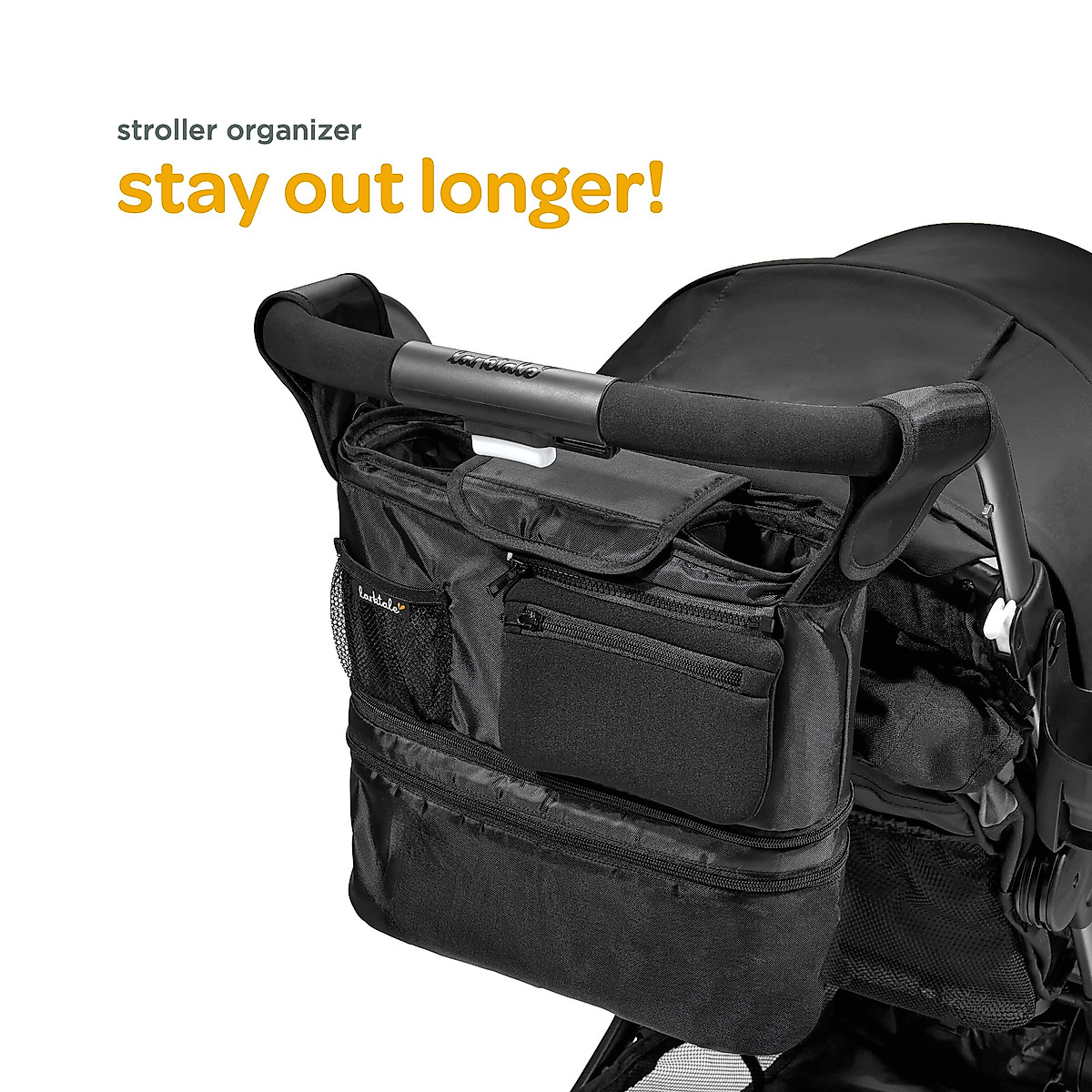 Larktale Universal Stroller Organizer | 2-in-1 Stroller Handlebar Console with Two Insulated Cup Holders, Multiple Storage Pockets, Phone Holder, Removable Shoulder Strap and Zippered Clutch | Removable Cooler Pouch for Transporting Baby's Food, Drinks, a