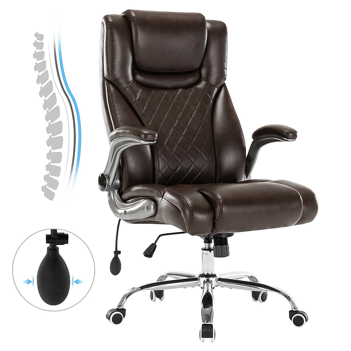 Seevoo Executive Office Chair Desk Swivel Chair High Back Computer Chair - Adjustable Lumbar Support with Flip-Up Arms PU Leather Chair with Spring Cushion (Brown)