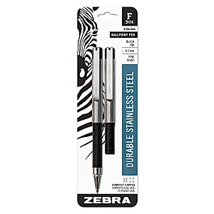 Zebra Pen F-301 Compact Retractable Ballpoint Pen, Stainless Steel Barrel, Fine Point, 0.7mm, Black Ink, 2-Pack