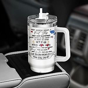 99OWL Graduation Girl Adventure, Tumbler 40 Oz With Handle Lid And Straw, Graduation Gifts, White Light Class Of Purple Handle Gold Tumblers Royal Navy Rose Blue Heart