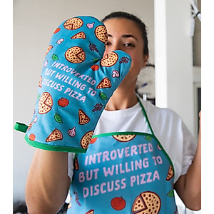 Introverted But Willing To Discuss Pizza Funny Baking Cooking Graphic Kitchen Accessories Funny Graphic Kitchenwear Funny Food Novelty Cookware Blue Oven Mitt