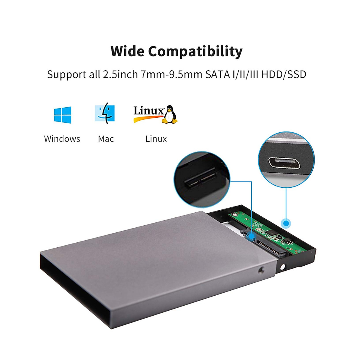 SSK Aluminum 2.5" Hard Drive Enclosure USB C 3.1 Gen 2(6Gbps) to SATA External HDD Case Adapter for 2.5 inch 7 9.5mm SATA III HDD SSD with UASP Compatible with WD Seagate PS4 Xbox