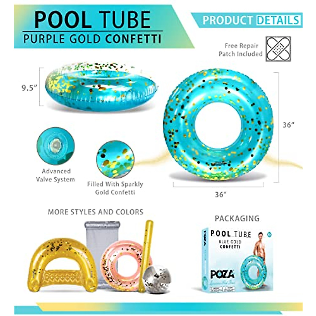 CoTa Global Inflatable Blue Gold Pool Float Tube - Luxurious Fun Lounger Filled with Sparkle Gold Confetti, Cool Blue Gold Design, Water Swimming Ring Pool Floaties for Beach and Pool - 36 Inches