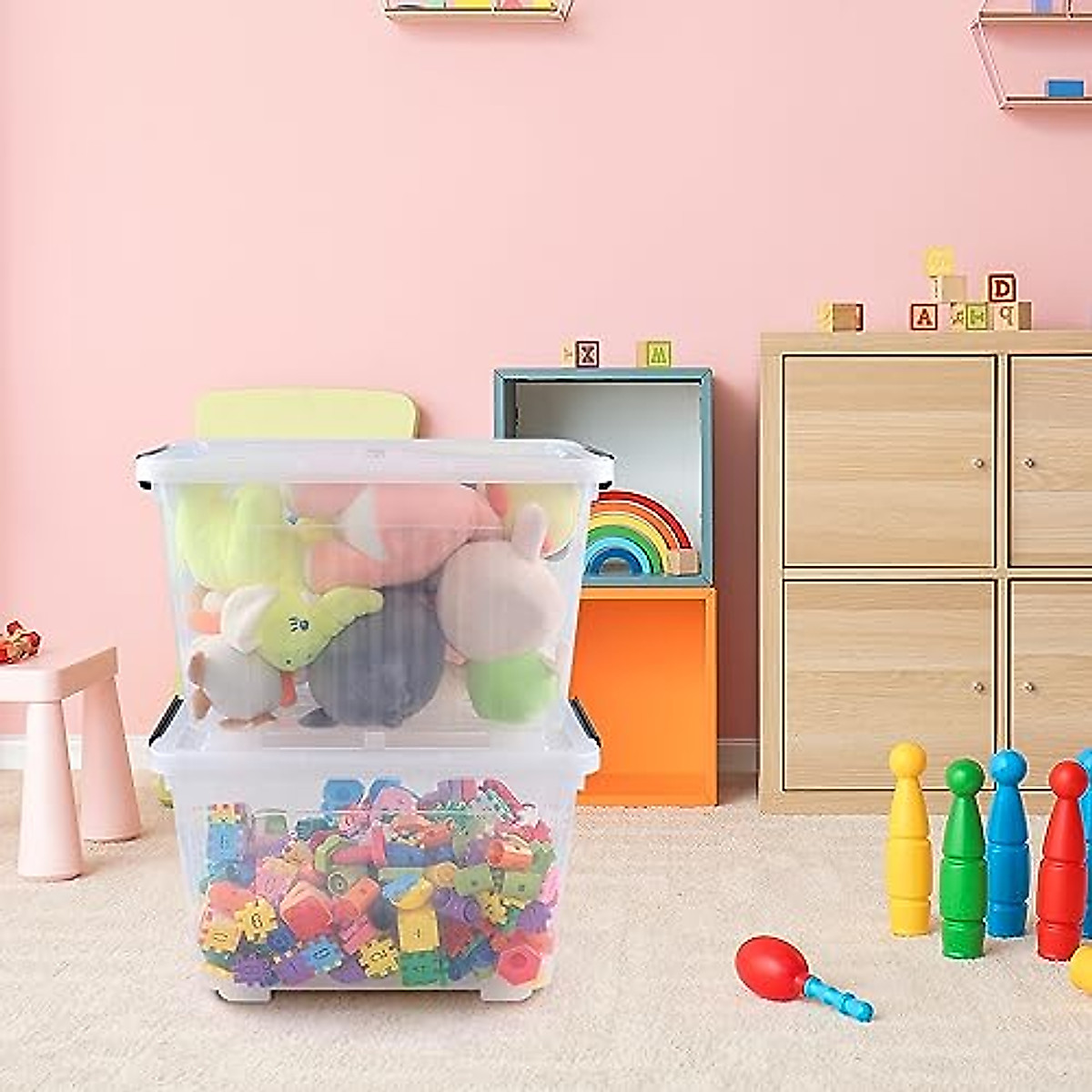 Sadstory 30 Quart Plastic Latch Storage Bin with Lid, Clear Latching Tote with Wheels, 4 Packs