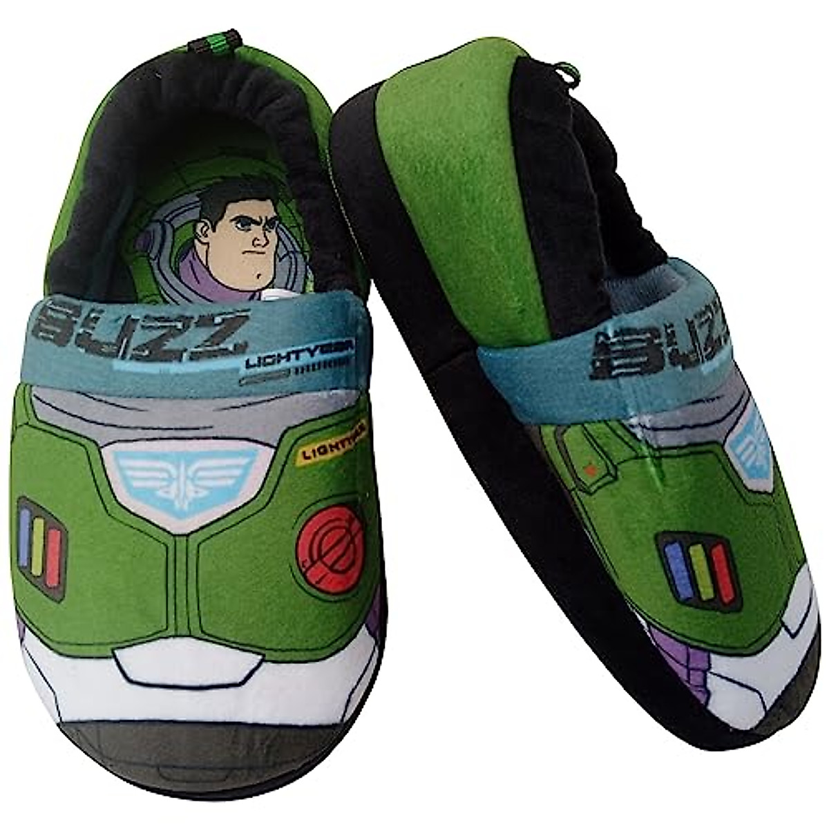 Disney Toy Story Slippers - Buzz Lightyear and Sheriff Woody Fuzzy PJ House Shoes - Boys Pajama Indoor Warm Slipper - Green/Black (size 9-10 Toddler)