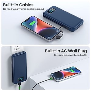 Portable Charger with Built-in Cables & AC Wall Plug,Ultra Slim 13800mAh USB-C Power Bank, 4 Output 2 Input LCD Display External Battery Pack Phone Charger Compatible with iPhone Samsung Android -Blue