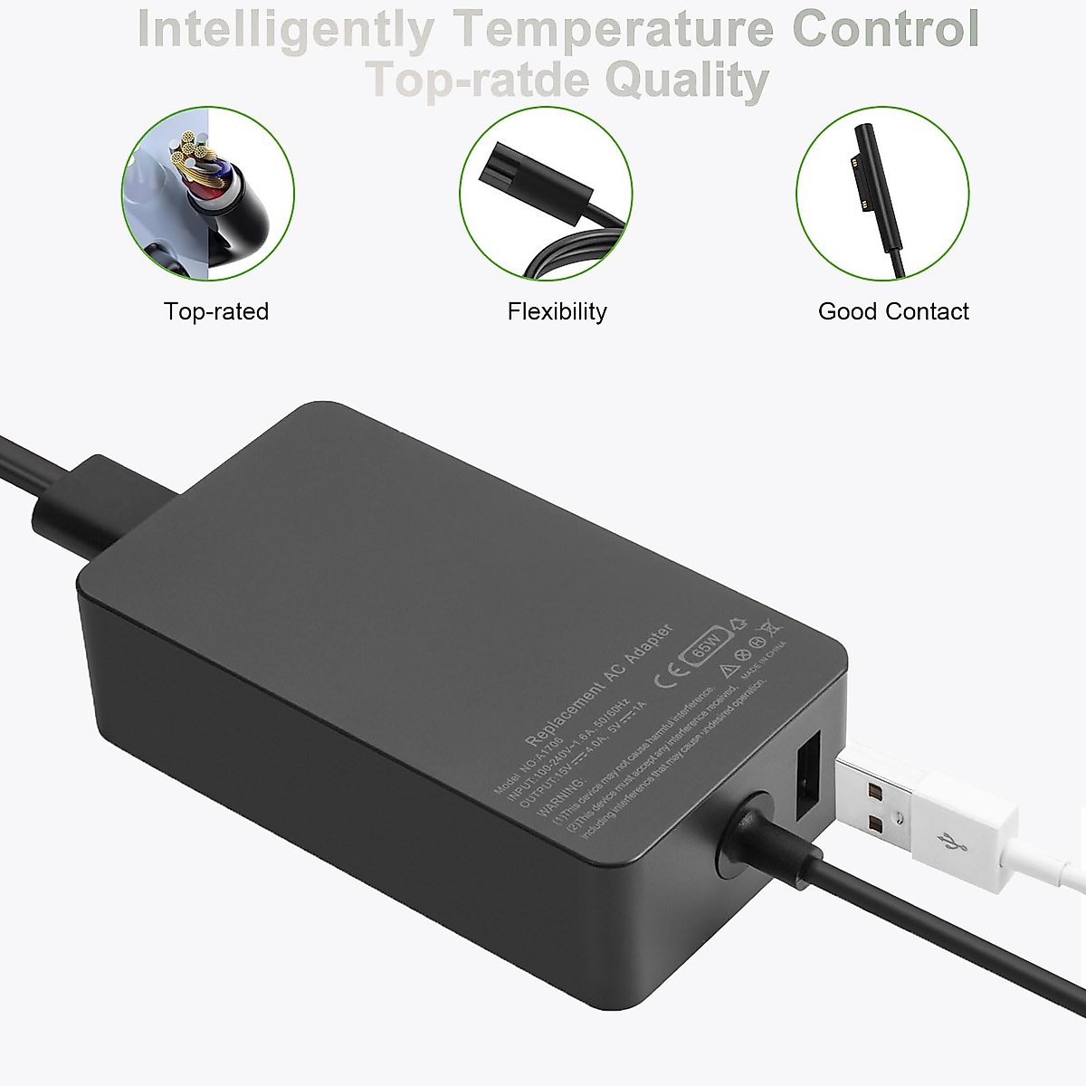 65W Surface Pro Laptop Charger AC Adapter for Microsoft Surface Pro 3, 4, 5, 6, 7, 8, 9, 10, X, Surface Book 3, 2, 1, Windows Surface Laptop 6, 5, 4, 3, 2, 1, Surface Go Tablet, with 6.2ft Power Cord