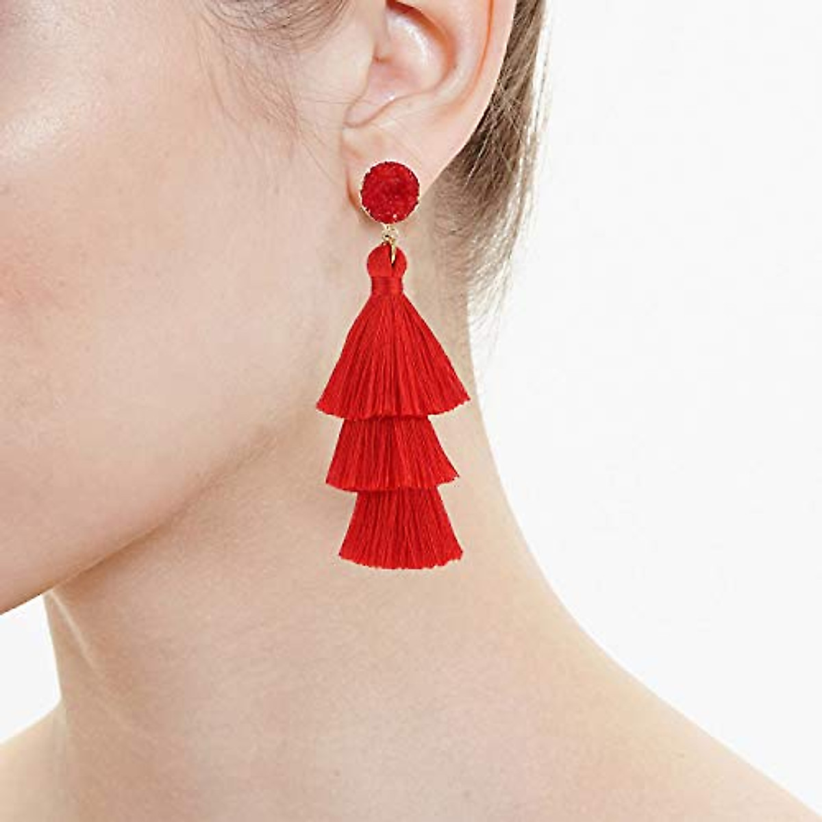 LEGITTA Red Tassel Earrings with Druzy Stud Layered Tiered Linear Drop Dangle Fashion Bohemian Earrings for Women