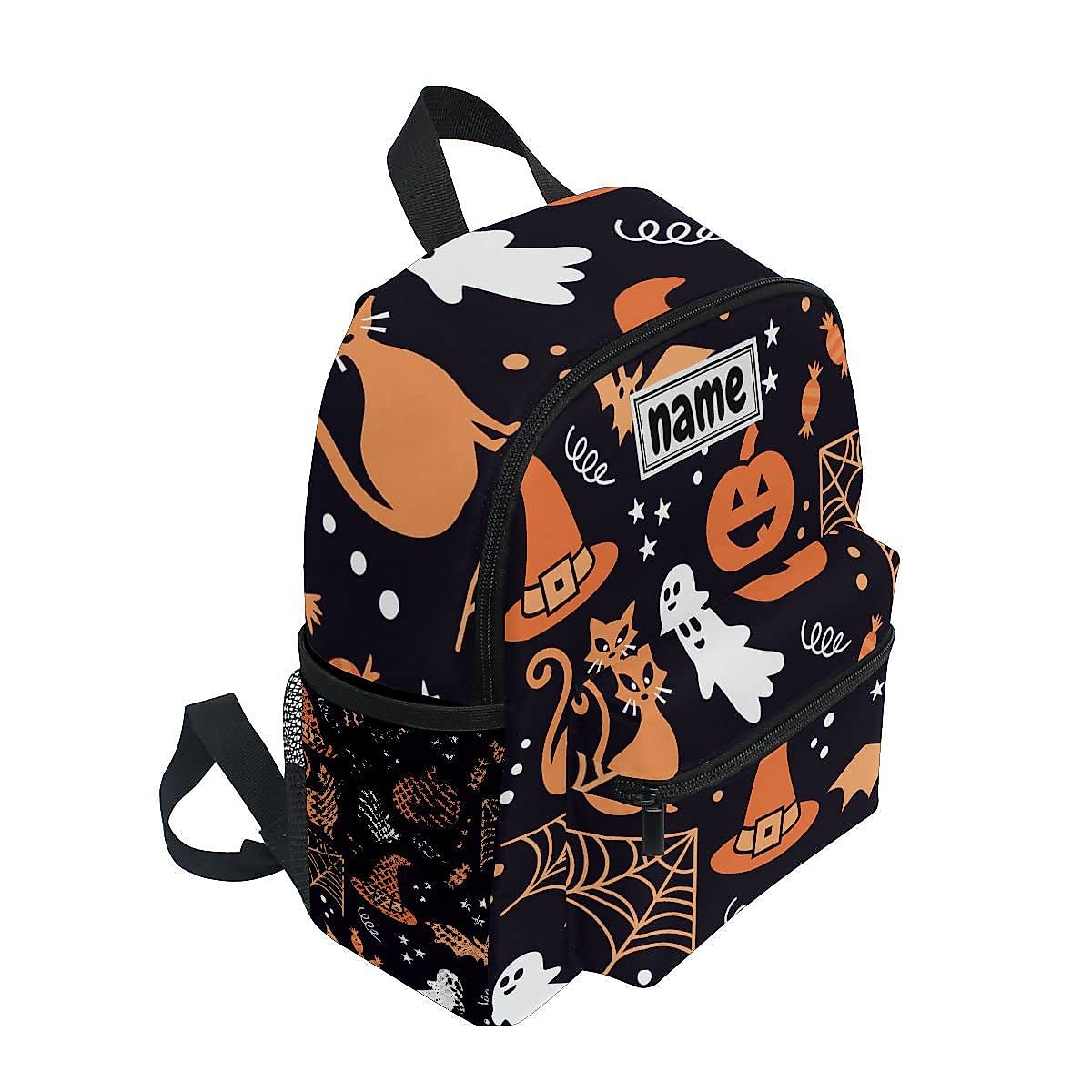 Glaphy Custom Kid's Name Backpack, Halloween Orange Black Cats Pumpkin Bats Ghosts Toddler Backpack for Daycare Travel, Personalized Name Preschool Bookbags for Boys Girls
