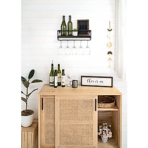 Mkono Wall Mounted Wine Rack - Bottle & Glass Holder Wood Rustic Floating Racks with Stemware Hanger Modern Plants Photos Wine Bottles Display Wall Storage Shelf for Kitchen Dining Room Home Bar